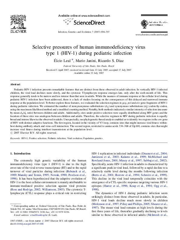 (PDF) Selective pressures of human immunodeficiency virus type 1 (HIV1 ...