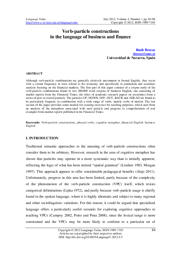 (PDF) Verb particle constructions in the language of business and finance