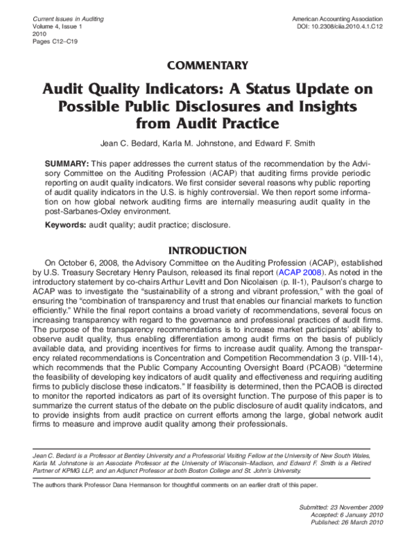 (PDF) Audit Quality Indicators: A Status Update on Possible Public ...