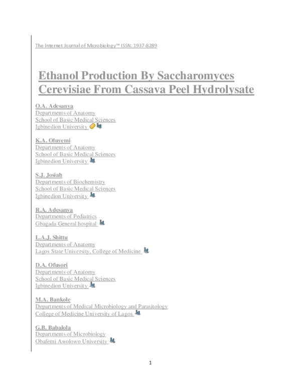 Pdf Ethanol Production By Saccharomyces Cerevisiae From Cassava Peel