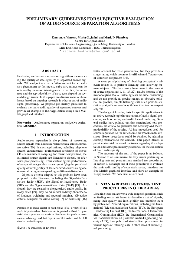 (PDF) PRELIMINARY GUIDELINES FOR SUBJECTIVE EVALUATION OF AUDIO SOURCE SEPARATION ALGORITHMS