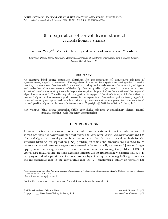 (PDF) Blind separation of convolutive mixtures of cyclostationary signals