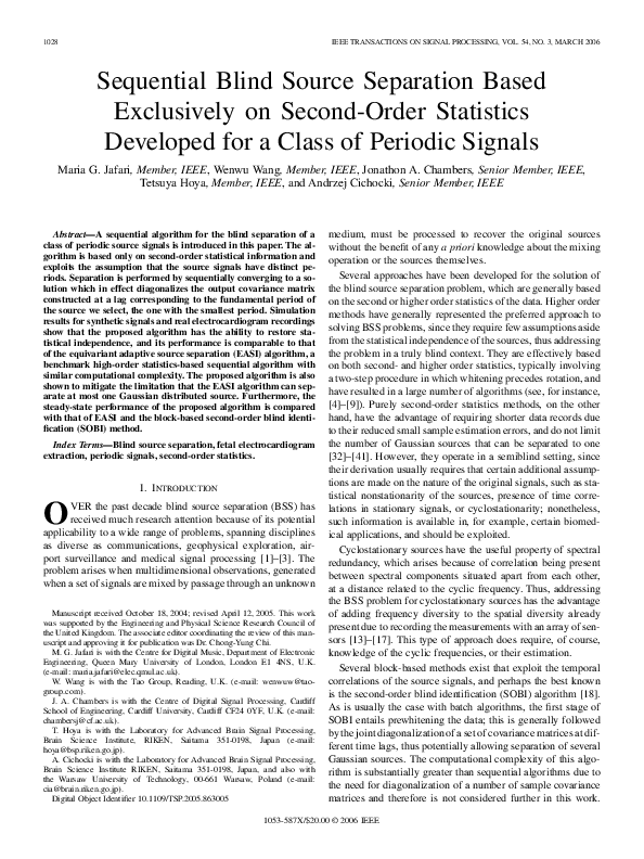 Pdf Sequential Blind Source Separation Based Exclusively On Second Order Statistics Developed