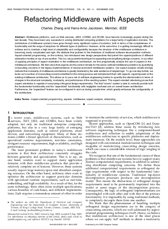 (PDF) Refactoring Middleware with Aspects