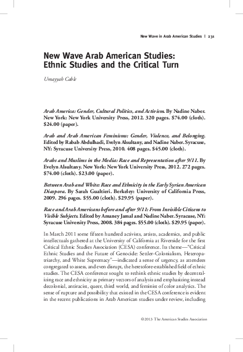 (PDF) New Wave Arab American Studies: Ethnic Studies and the Critical Turn