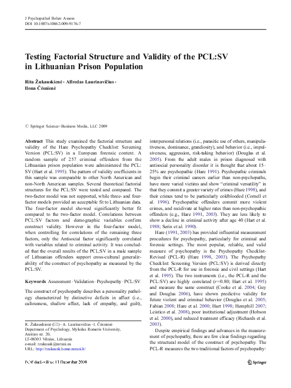 Pdf Testing Factorial Structure And Validity Of The Pclsv In