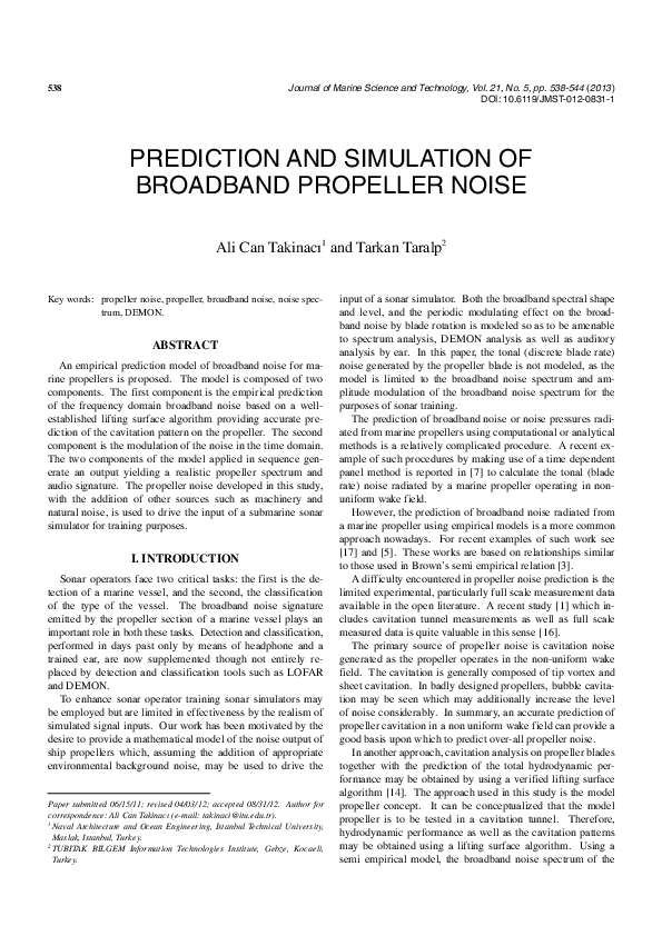 (PDF) PREDICTION AND SIMULATION OF BROADBAND PROPELLER NOISE