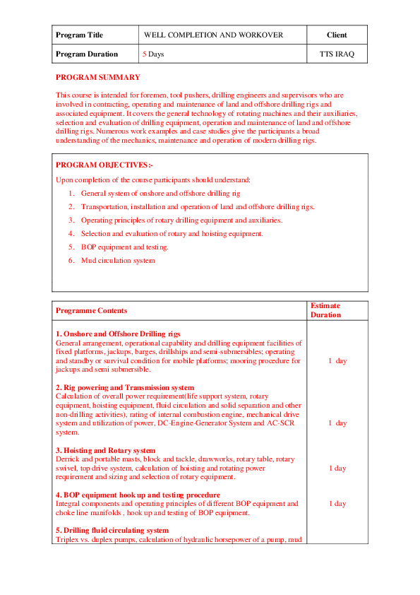 (DOC) Prog Outline for Well Completion and Workover HBH