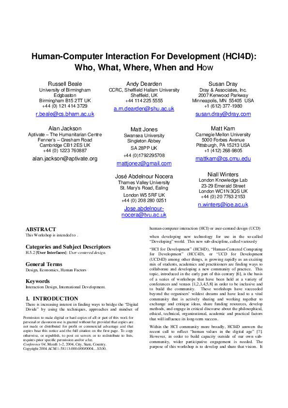 (PDF) Human-Computer Interaction For Development (HCI4D): Who, What ...