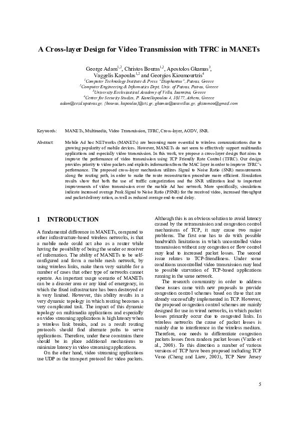 Pdf A Cross Layer Design For Video Transmission With Tfrc In Manets
