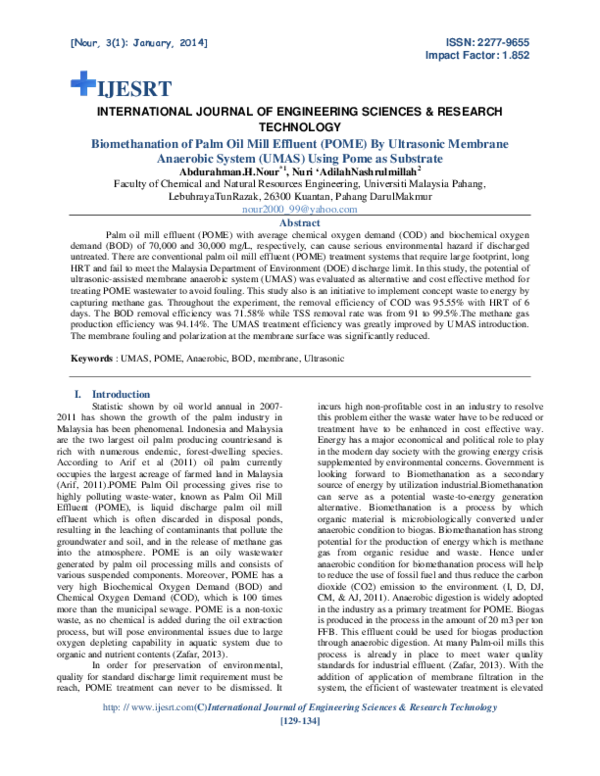 (PDF) Biomethanation of Palm Oil Mill Effluent (POME) By Ultrasonic ...