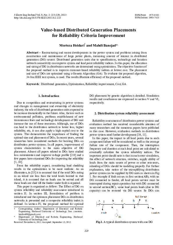 Pdf Value Based Distributed Generation Placements For Reliability