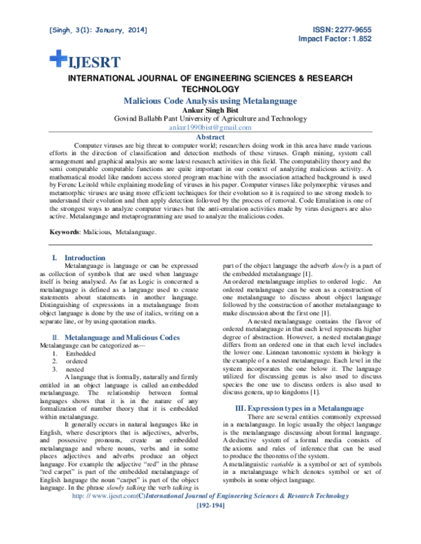 (PDF) Malicious Code Analysis using Metalanguage.