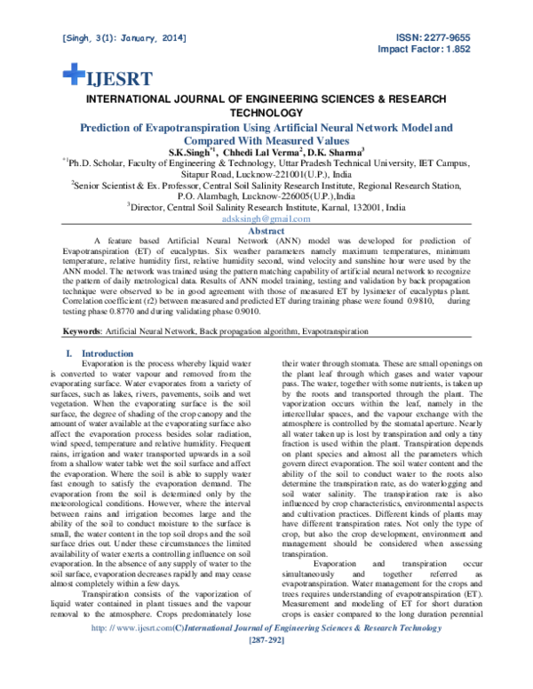 Pdf Prediction Of Evapotranspiration Using Artificial Neural Network Model And Compared With