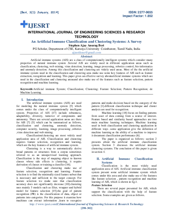 Pdf An Artificial Immune Classification And Clustering Systems A Survey