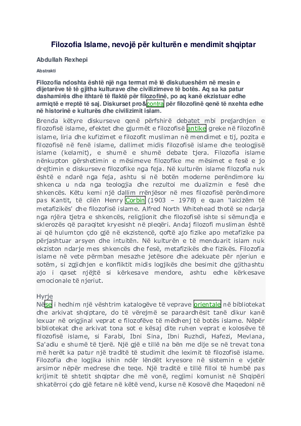 (PDF) Filozofia Islame, nevojë për kulturën e mendimit shqiptar