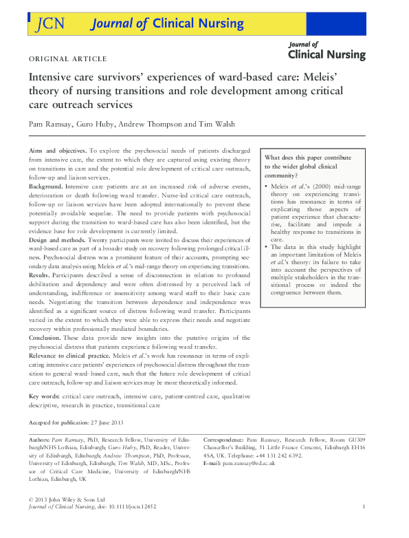 (PDF) Intensive care survivors’ experiences of ward-based care: Meleis ...