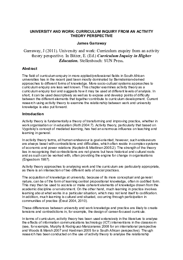 (DOC) University and work: Curriculum inquiry form an Activity Theory ...