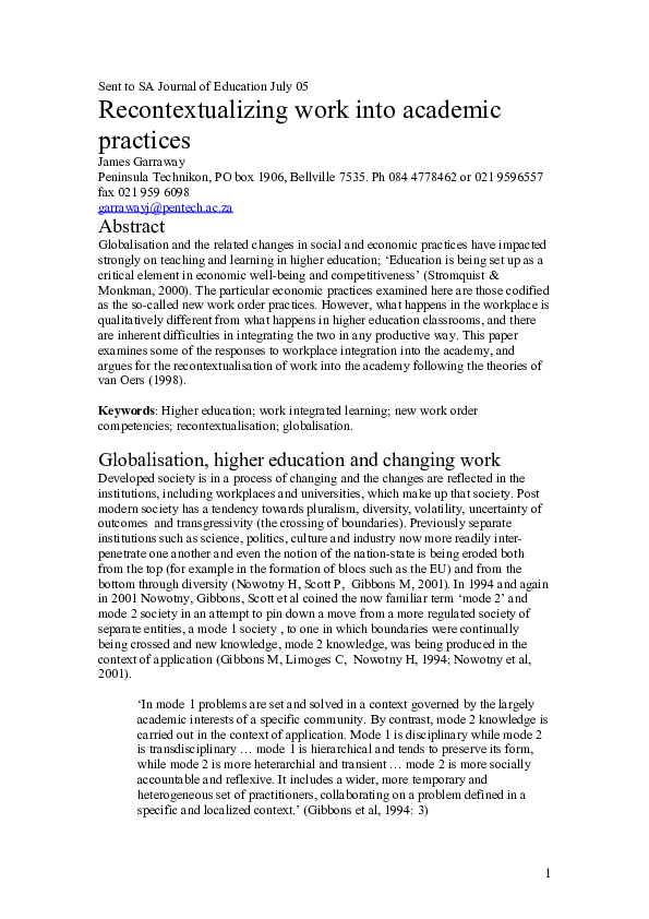 (DOC) Recontextualising work into academic practices