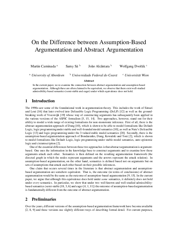 Pdf On The Difference Between Assumption Based Argumentation And Abstract Argumentation