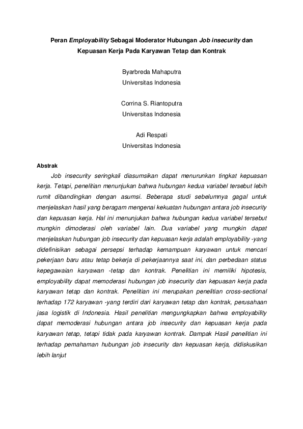 (PDF) Peran Employability Sebagai Moderator Hubungan Job Insecurity dan ...