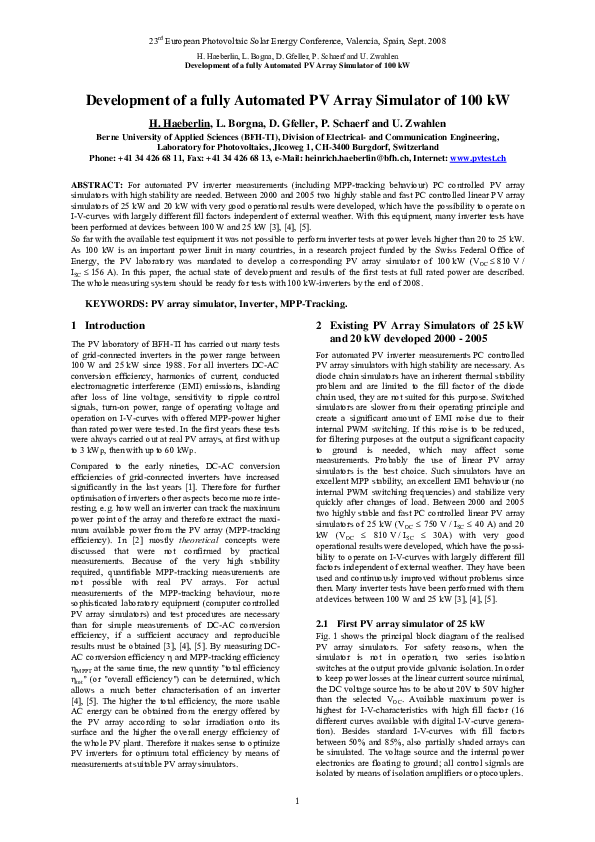 (PDF) Development of a fully Automated PV Array Simulator of 100 kW