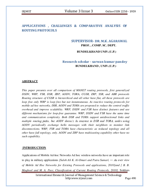 (PDF) APPLICATIONS , CHALLENGES & COMPARATIVE ANALYSIS OF ROUTING PROTOCOLS Research scholar ...