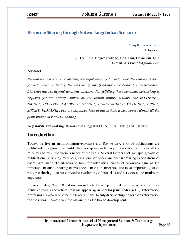 (PDF) Resource Sharing through Networking: Indian Scenario