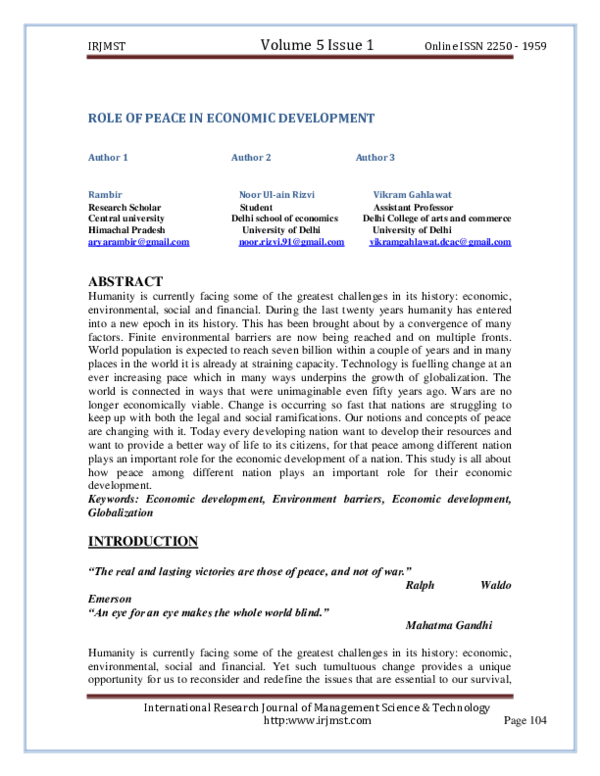 (PDF) ROLE OF PEACE IN ECONOMIC DEVELOPMENT