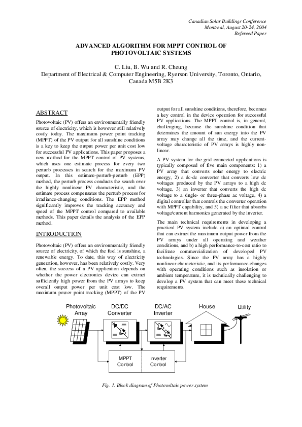 (PDF) ADVANCED ALGORITHM FOR MPPT CONTROL OF PHOTOVOLTAIC SYSTEMS (PDF) ADVANCED ALGORITHM FOR MPPT CONTROL OF PHOTOVOLTAIC SYSTEMS