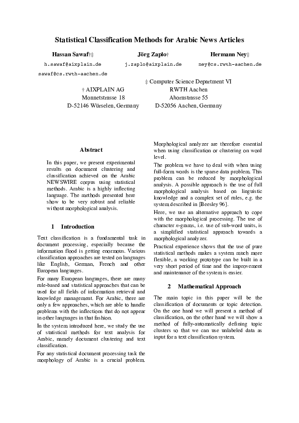 (PDF) Statistical Classification Methods for Arabic News Articles