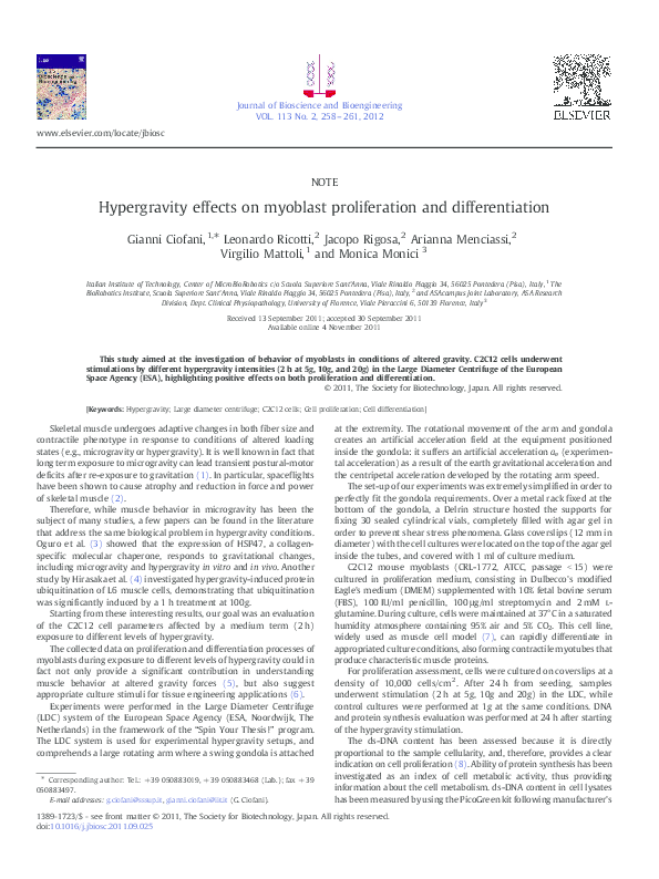 (PDF) Hypergravity effects on myoblast proliferation and differentiation