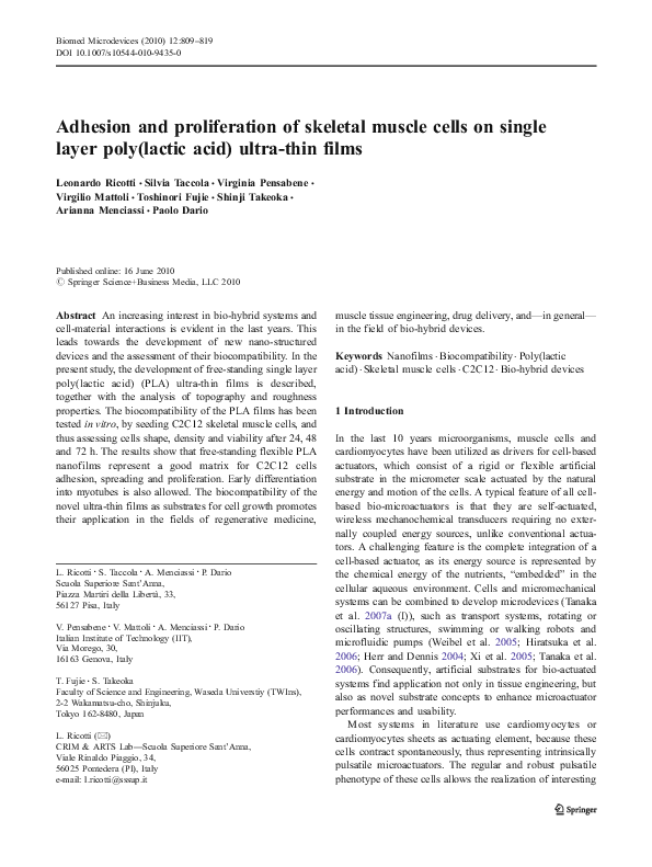(PDF) Adhesion and proliferation of skeletal muscle cells on single ...