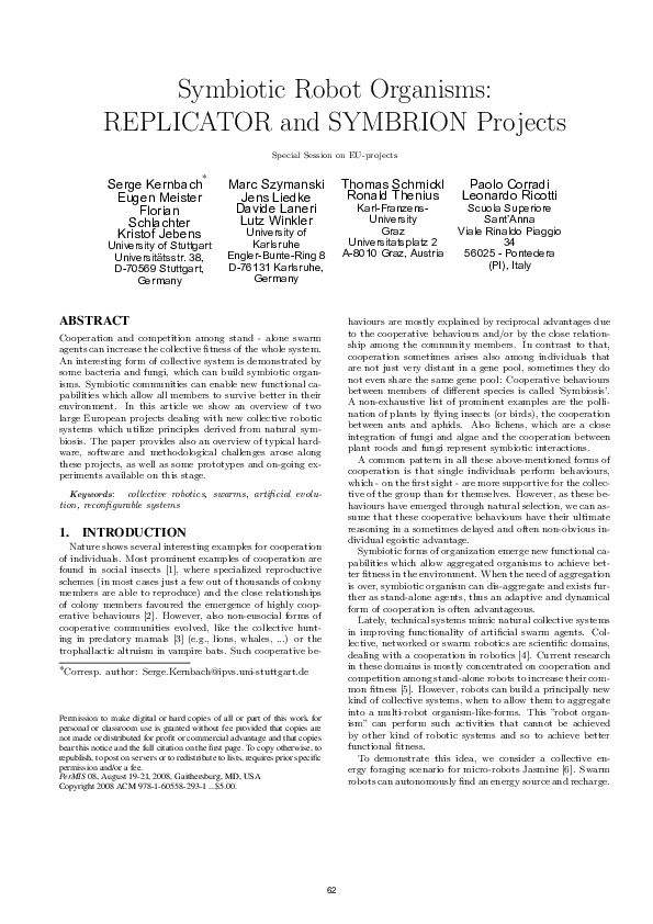 (PDF) Symbiotic Robot Organisms: REPLICATOR and SYMBRION Projects ...