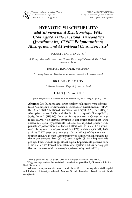 (PDF) Hypnotic susceptibility: multidimensional relationships with ...