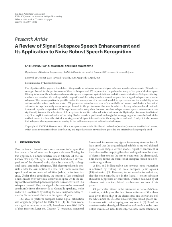 (PDF) A Review of Signal Subspace Speech Enhancement and Its Application to Noise Robust Speech ...