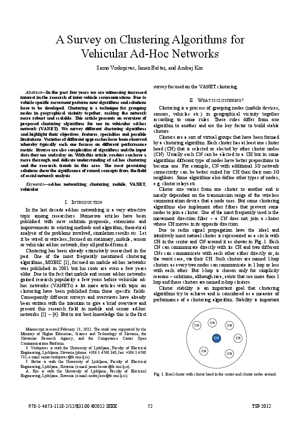 Pdf A Survey On Clustering Algorithms For Vehicular Ad Hoc Networks