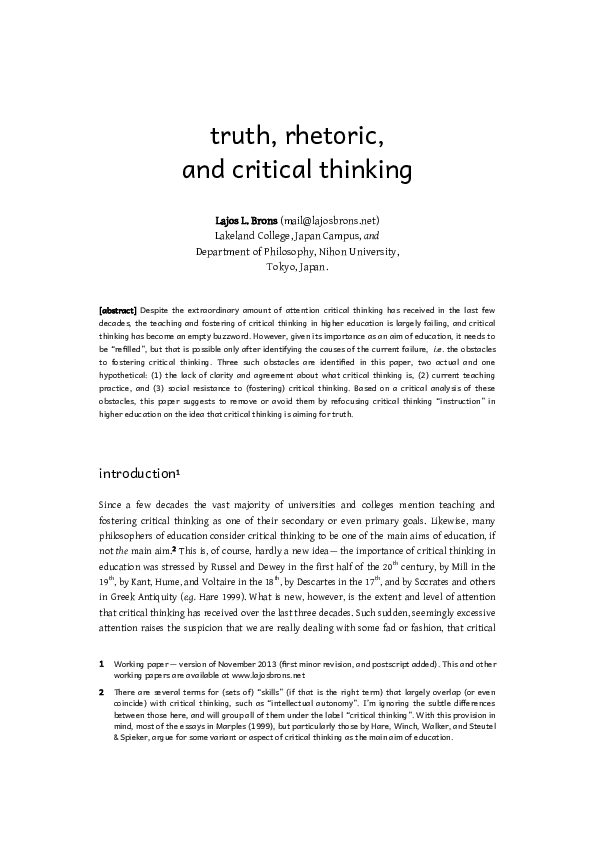 (PDF) Truth, rhetoric, and critical thinking