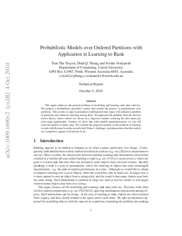 (PDF) Probabilistic Ranking Models with Partitions