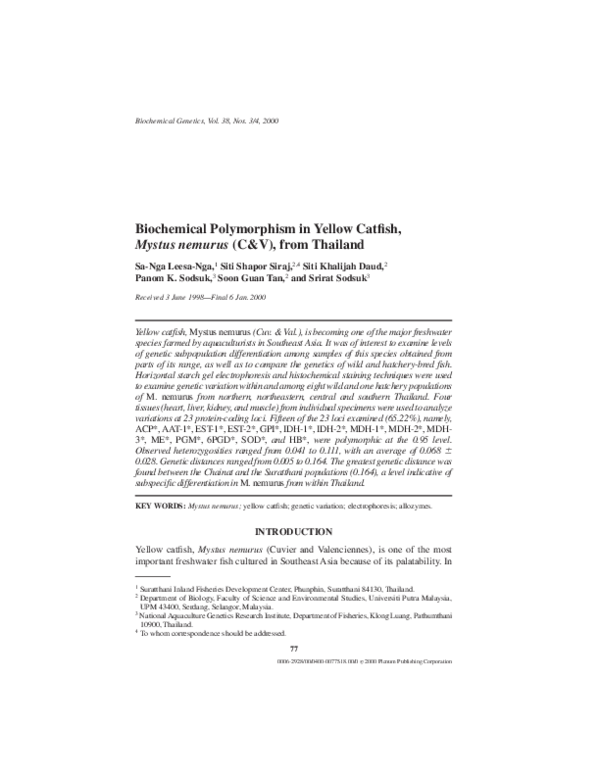 (PDF) Biochemical polymorphism in yellow catfish Mystus nemurus from ...