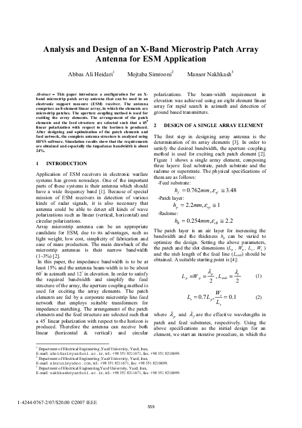(PDF) Analysis and Design of an X-Band Microstrip Patch Array Antenna for ESM Application