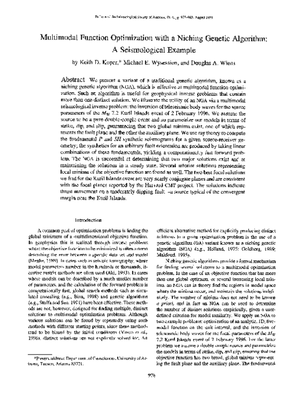 Pdf Multimodal Function Optimization With A Niching Genetic Algorithm A Seismological Example
