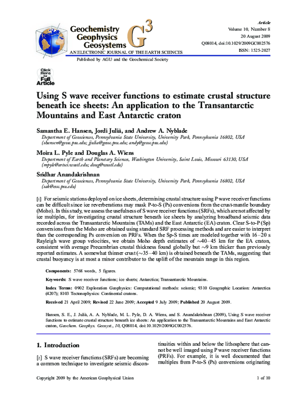 (PDF) Using S wave receiver functions to estimate crustal structure beneath ice sheets: An ...