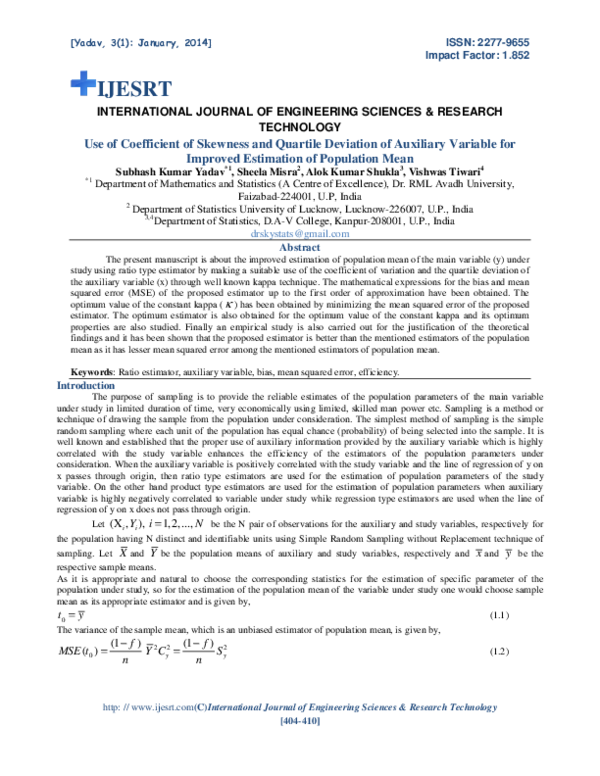 Pdf Use Of Coefficient Of Skewness And Quartile Deviation Of Auxiliary Variable For Improved