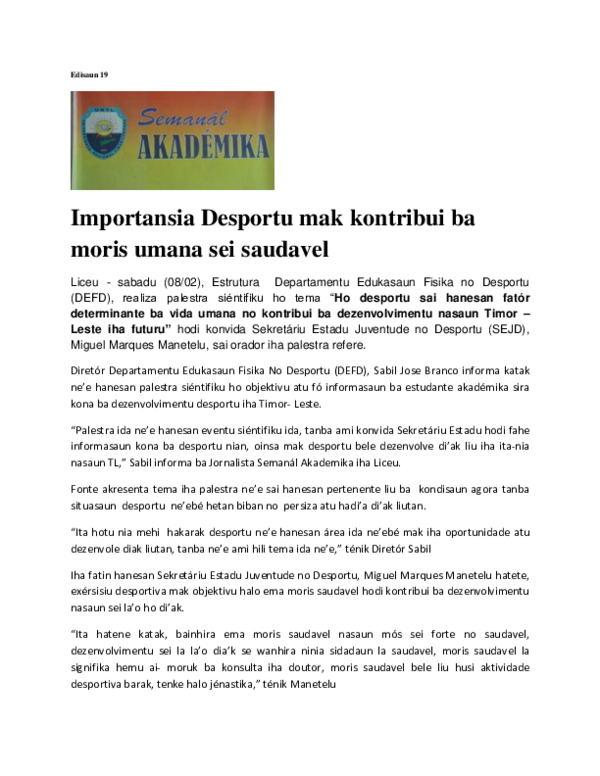 (PDF) Importansia Desportu mak kontribui ba moris umana sei saudavel