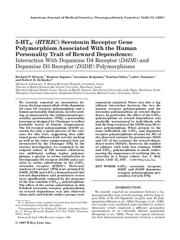 (PDF) 5-HT2C (HTR2C) Serotonin Receptor Gene Polymorphism Associated ...