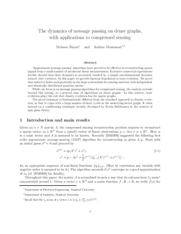 (PDF) The dynamics of message passing on dense graphs, with applications to compressed sensing