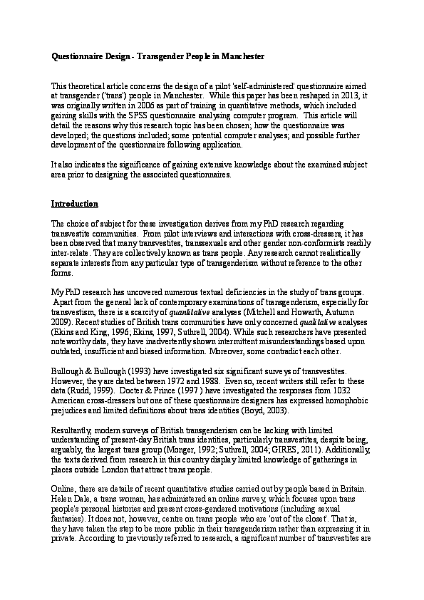 (DOC) Questionnaire Design - Transgender People in Manchester
