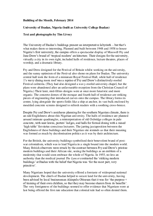 (PDF) Building of the Month: University of Ibadan, Nigeria