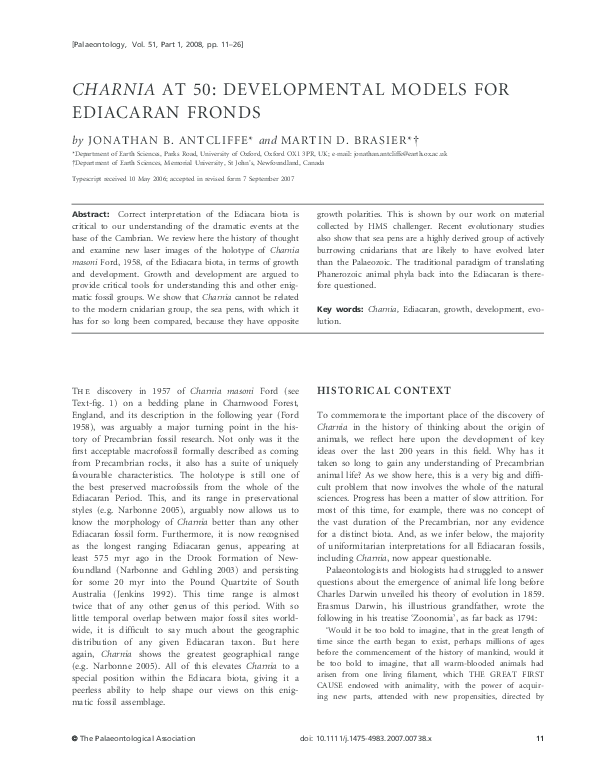(PDF) Charnia at 50: Developmental models for Ediacaran fronds